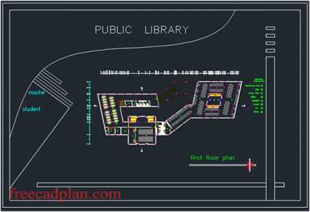 public library in autocad , complete plans - free cad plan
